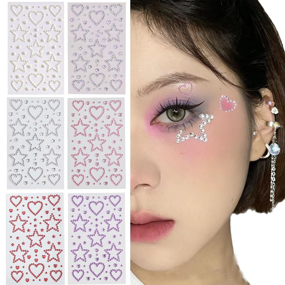 6 Sheets Face Gem Pearl Stickers for Makeup, Heart Star Shaped 3D Self ...