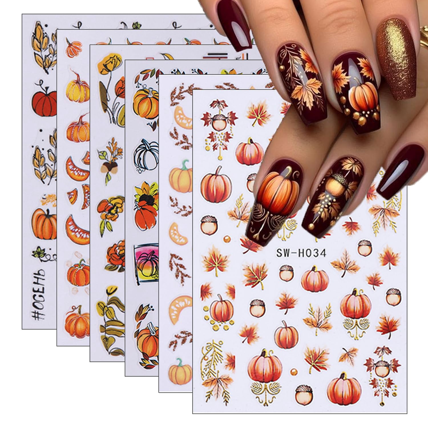 6 Sheets Fall Nail Art Stickers Self-Adhesive Maple Leaf Nail Stickers ...