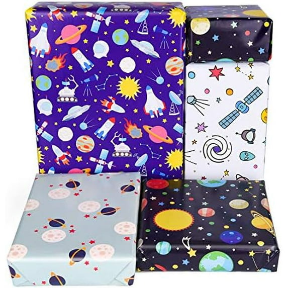 6 Sheets Gift Wrapping Paper Birthday, Boys Outer Space Design Wrapping ...