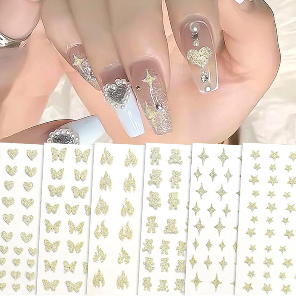 6 Sheets Gold Nail Art Adhesive Stickers,3D Metallic Self-Adhesive Nail ...
