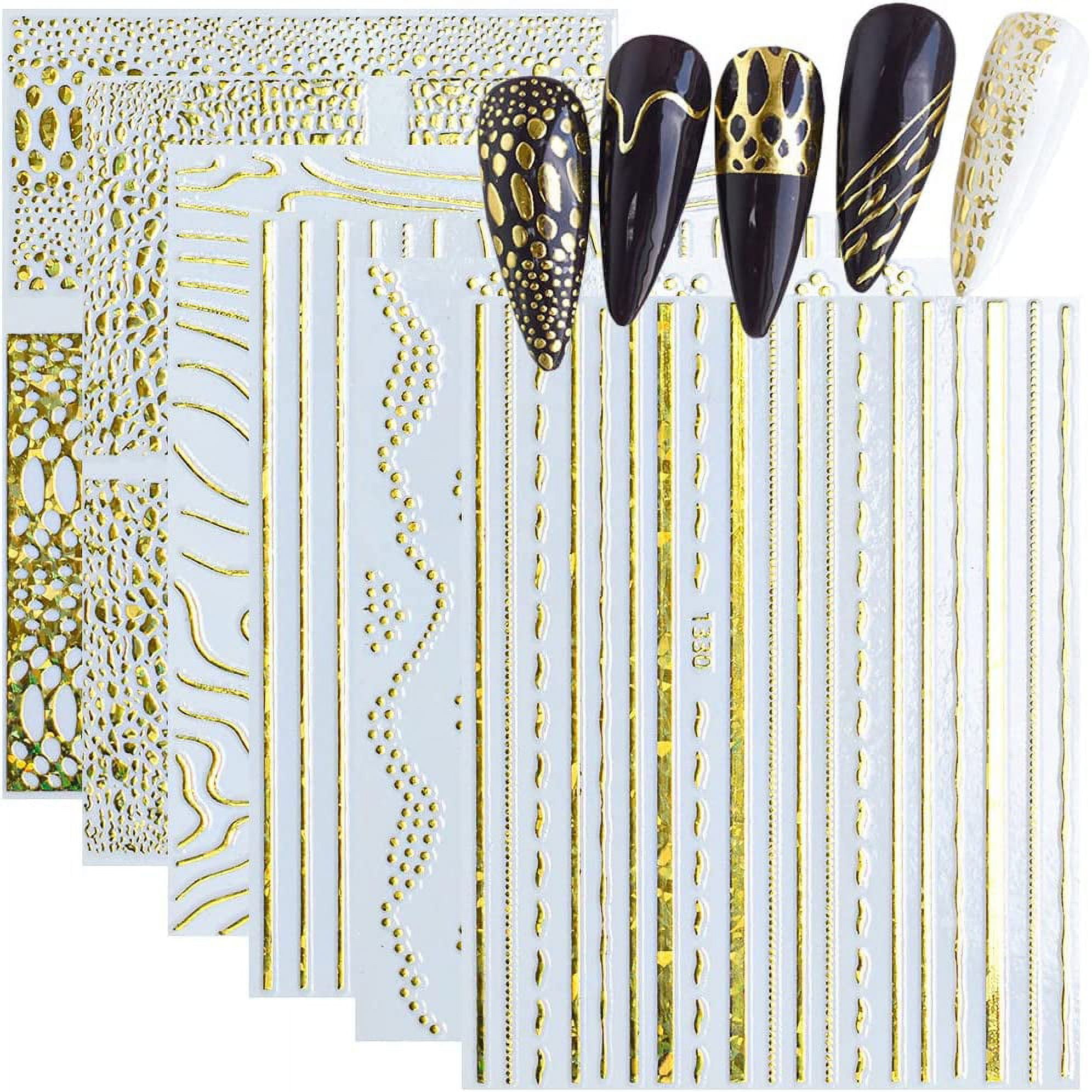 6 Sheets Gold Nail Art Stickers Decal,Line Nail Stickers 3D Metallic ...