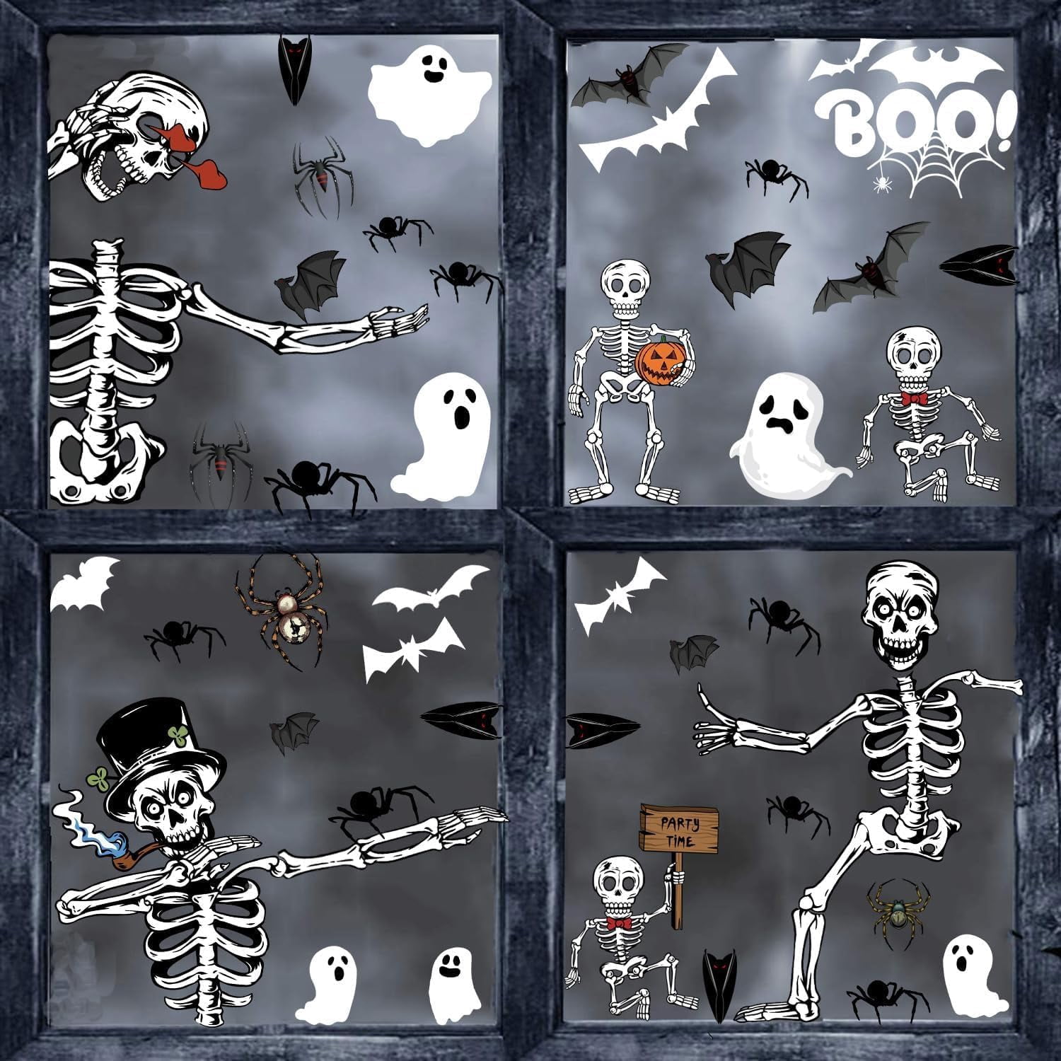 6 Sheets Halloween Window Clings Stickers Ghost Bat Spider Skull Gothic ...