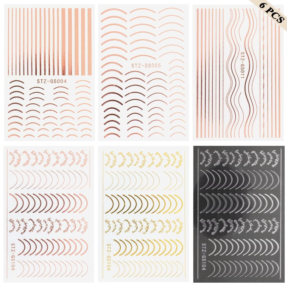 6 Sheets Metal Line Nail Stickers for Women, 3D Metallic Self-Adhesive ...