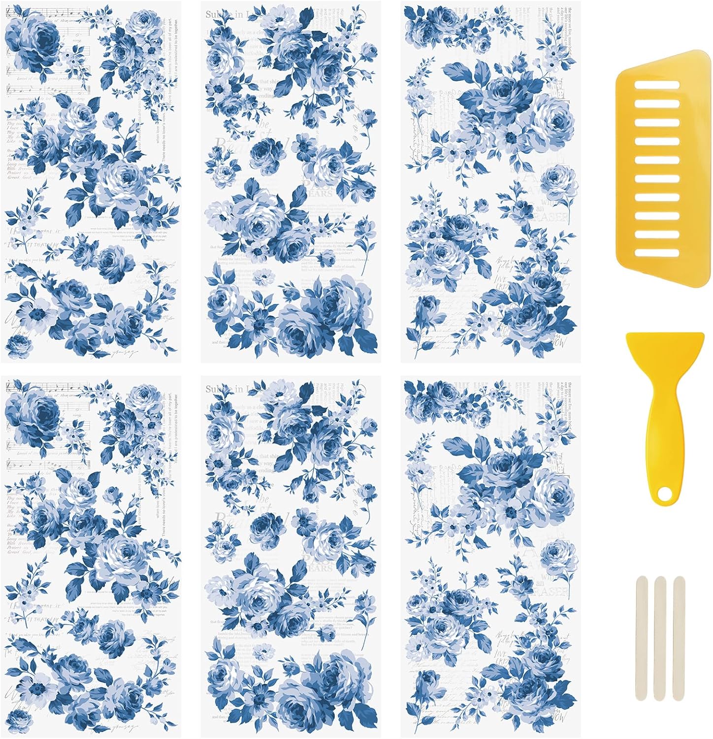 6 Sheets Rub On Transfer Stickers, Blue Flowers Decals Waterproof ...