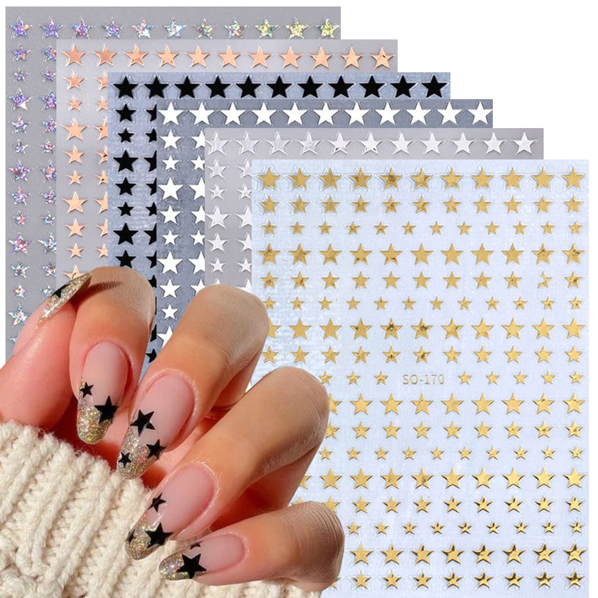 6 Sheets Star Nail KEF28 Stickers 3D Glitter Silver White Black Stars ...