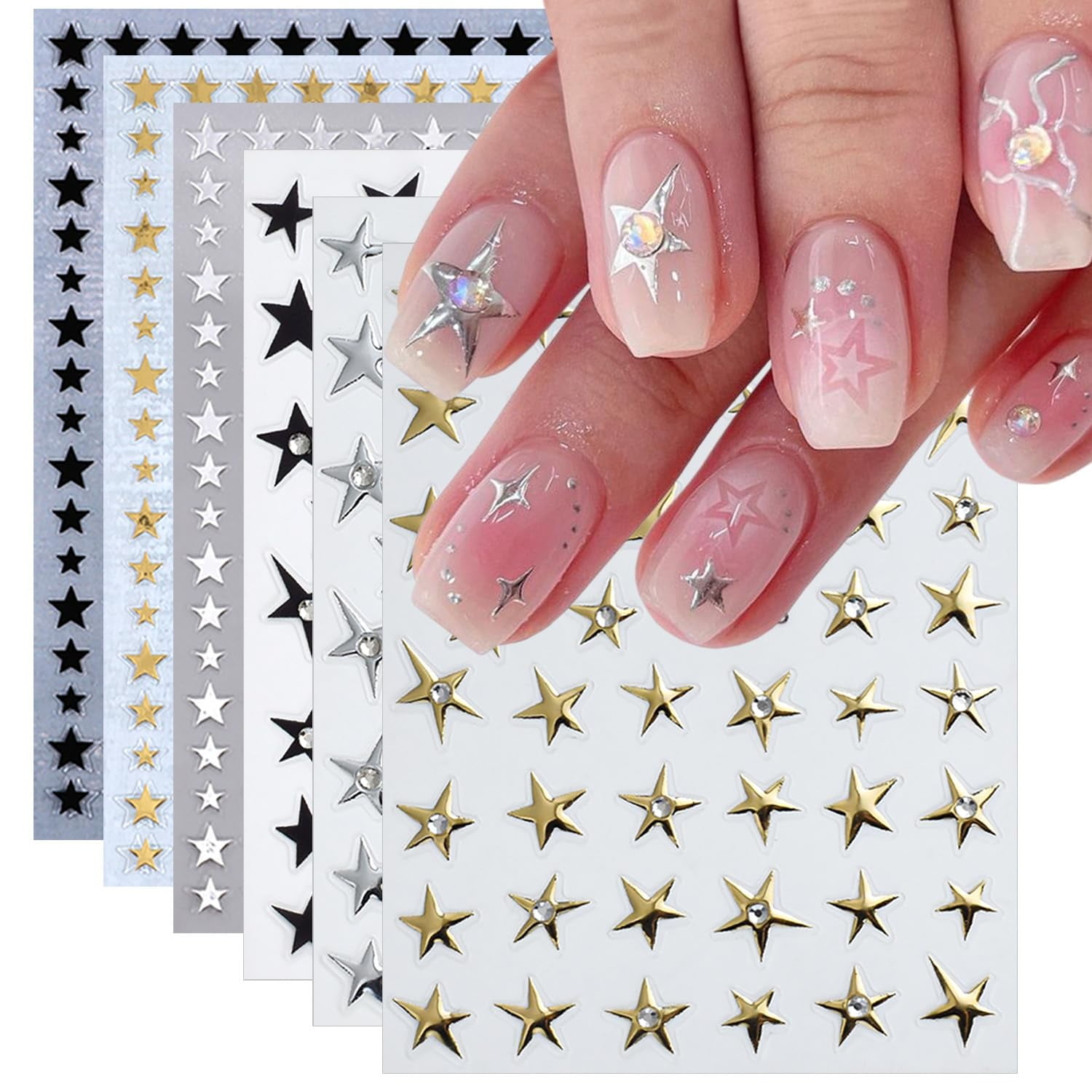 6 Sheets Star Nail Stickers for Nail Art Black Gold Silver Star Nail ...