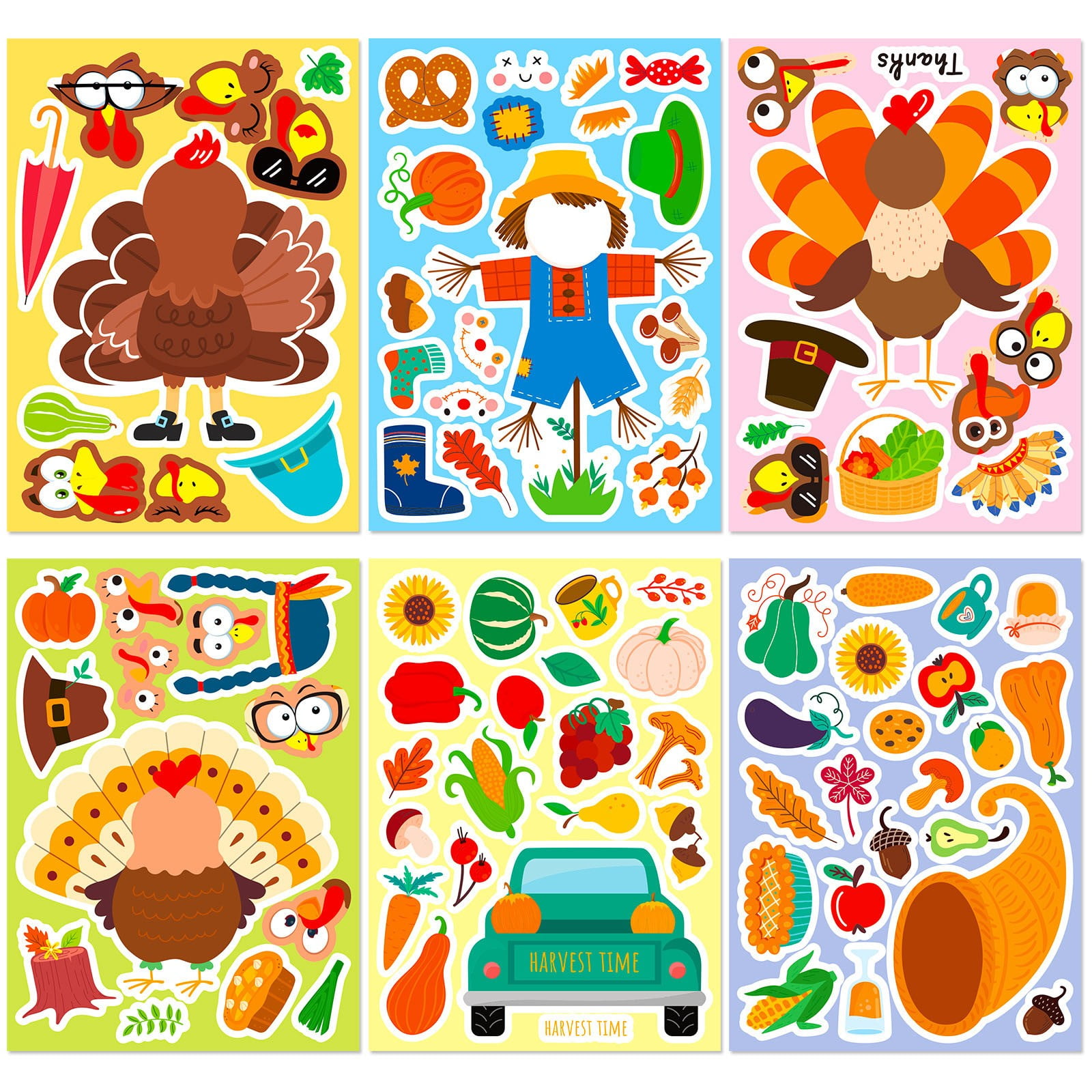 6 Sheets Thanksgiving Make A Turkey Stickers Thanksgiving Crafts for ...
