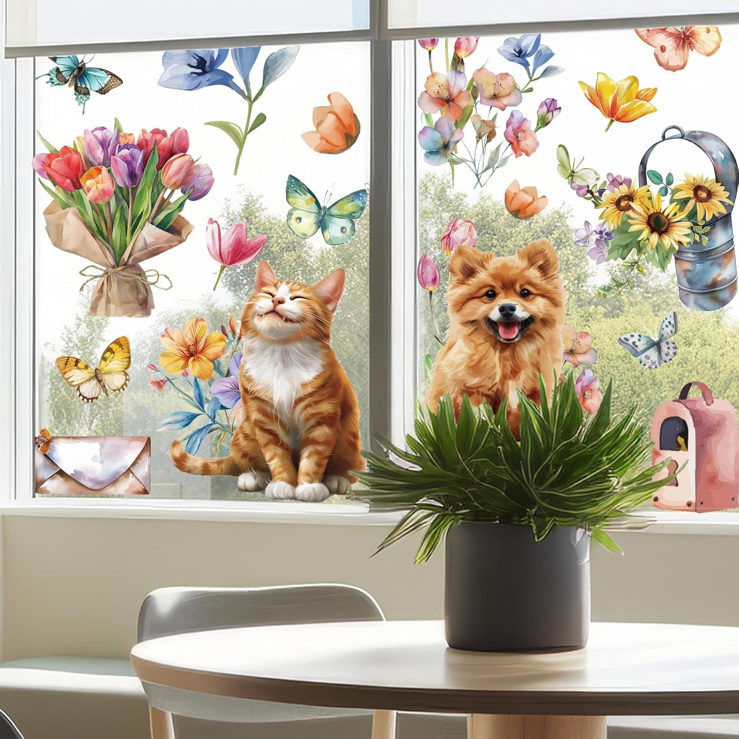 6 Sheets Tulip Flowers Window Clings Cute Dog Cat Window Decals ...
