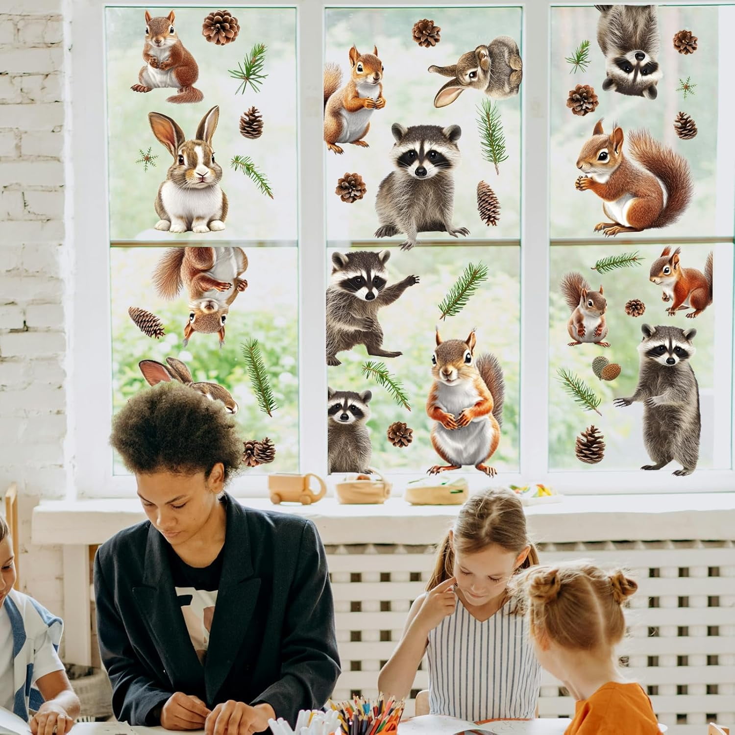 6 Sheets Watercolor Forest Animals Window Clings Cute Raccoon Rabbit ...