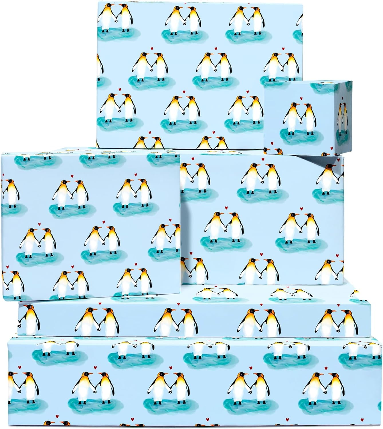 6 Sheets of Blue Wrapping Paper - Penguins and Hearts - For Anniversary ...