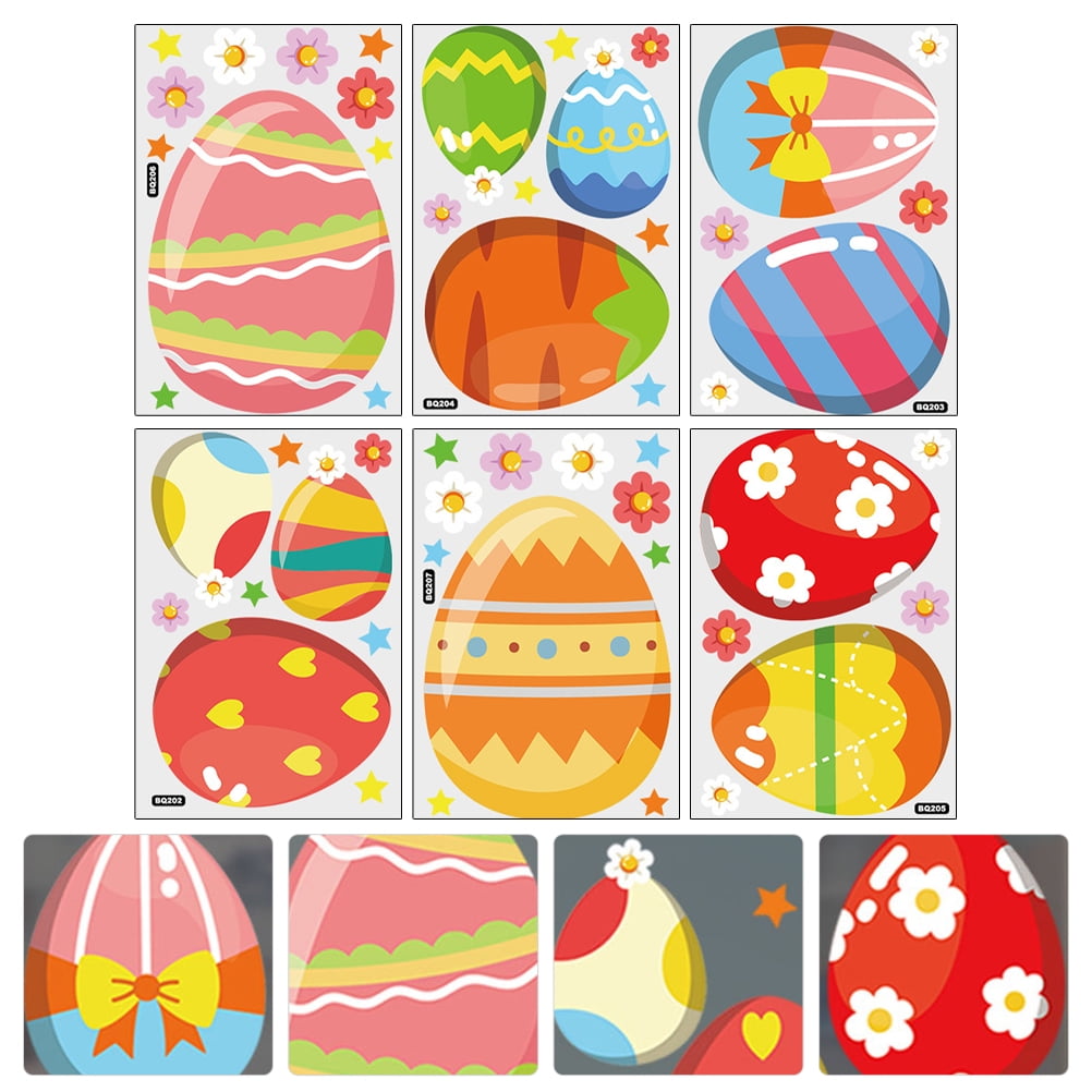 6 Sheets of Static Cartoon Easter Stickers Egg Pattern Window Decals ...