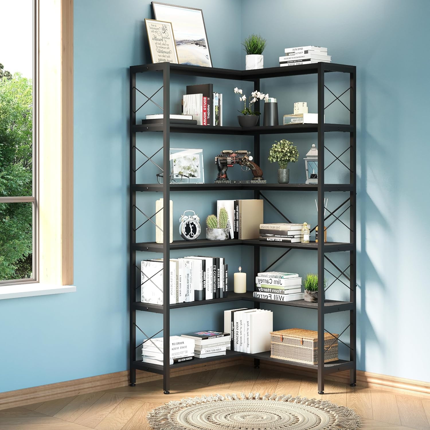 6-Shelf Corner Bookshelf Vintage Corner Shelf Etagere Bookcase Large ...