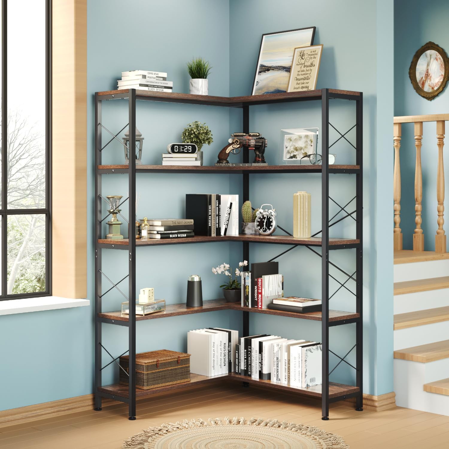 6-Shelf Corner Bookshelf Vintage Corner Shelf Etagere Bookcase Large ...