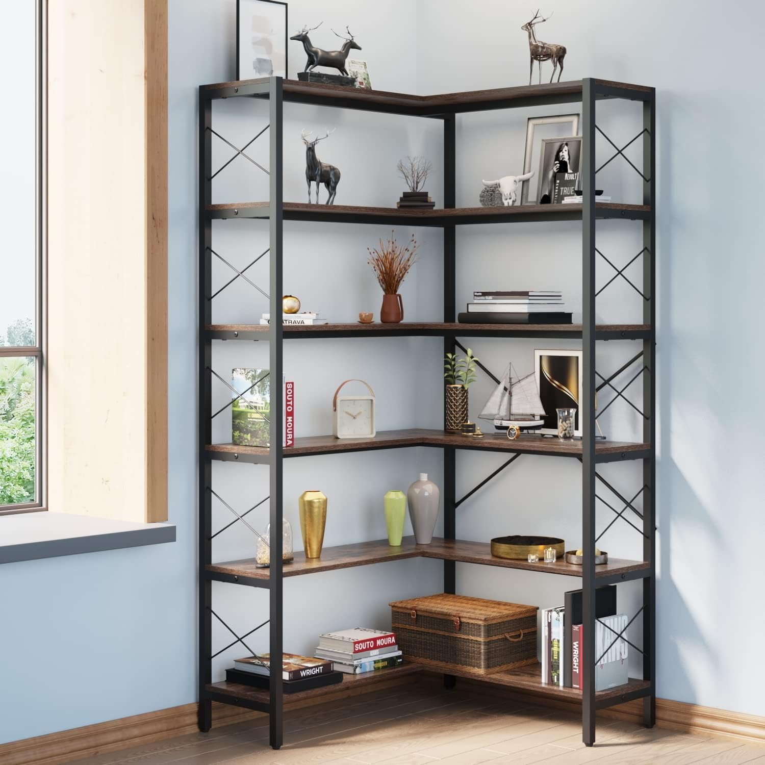 6-Shelf Corner Bookshelf, Vintage Industrial CornerBookshelf Etagere ...