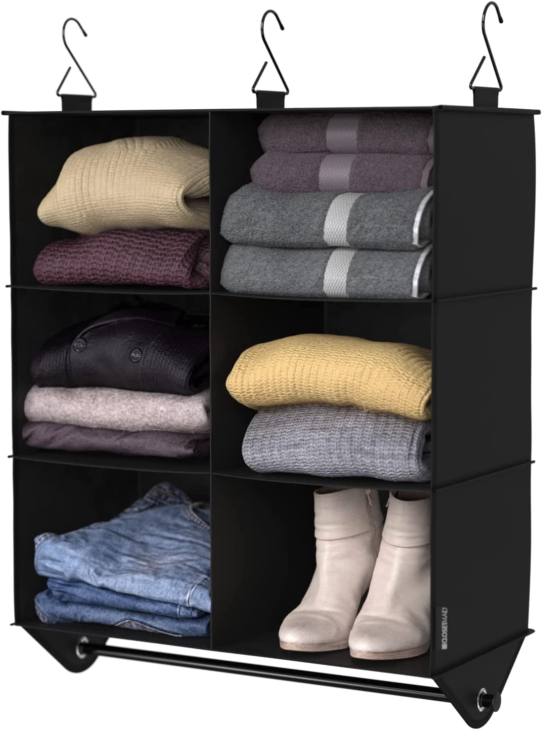 6-Shelf Fabric Hanging Closet Organizer with Garment Rod for Shirts ...