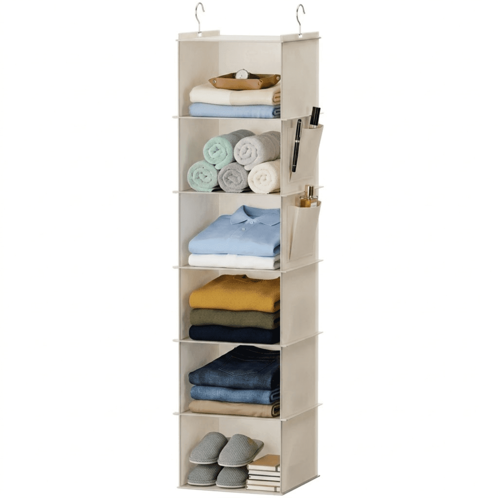 6-Shelf Hanging Closet Organizer in Beige — Fabric Storage with Bamboo ...