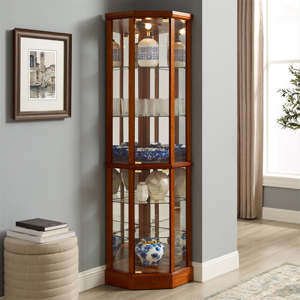 6 Shelf Lighted Corner Curio Cabinet with Adjustable Tempered Glass ...