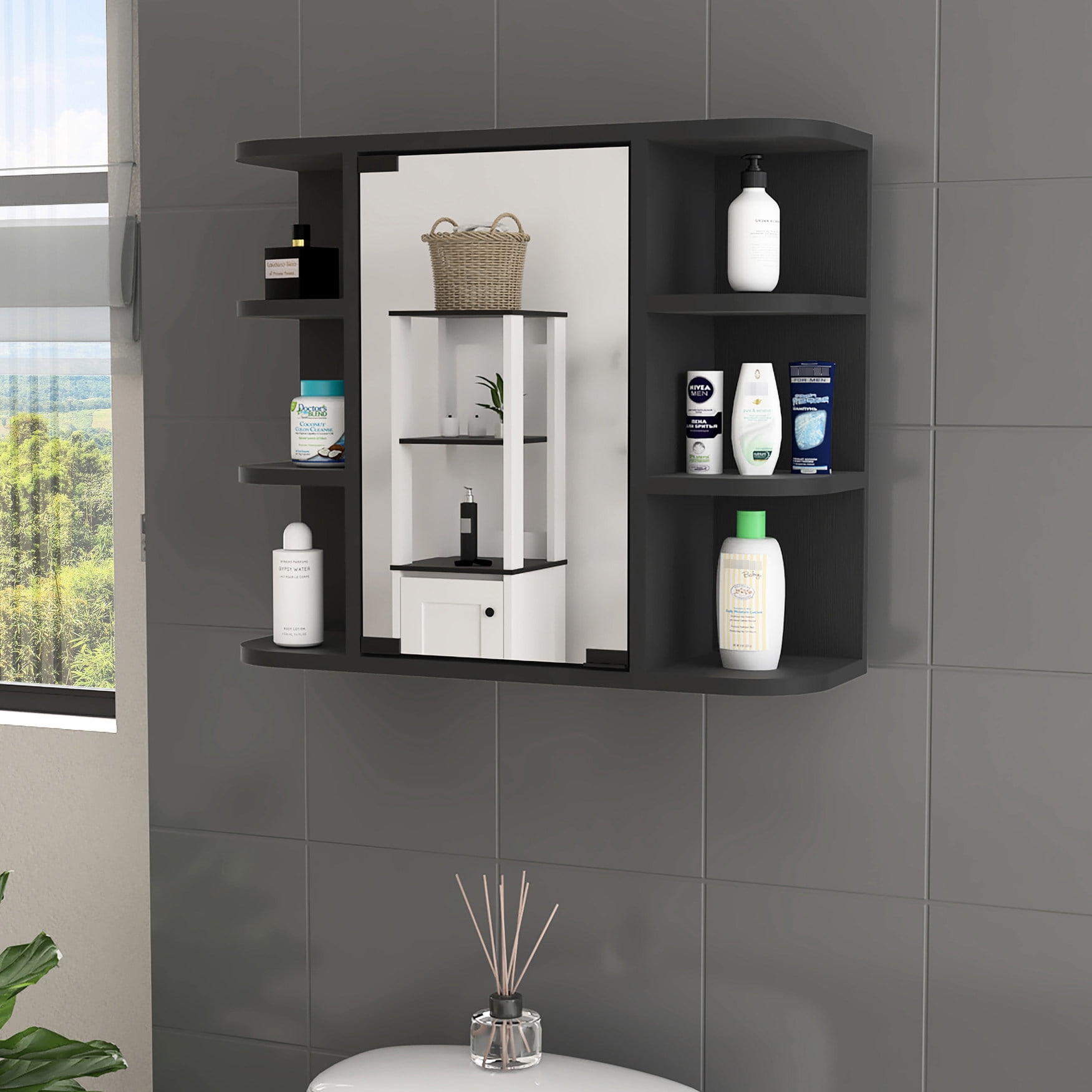 6-Shelf Mirror Medicine Cabinet | Privacy with Center Mirror Panel ...
