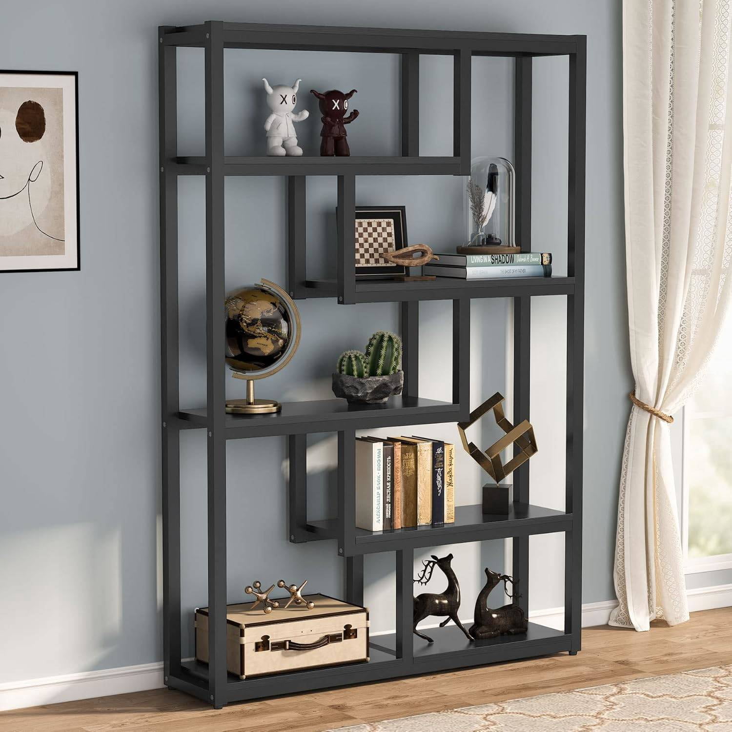 6-Shelf Modern Industrial Bookshelf, Staggered Etagere Display Shelf ...