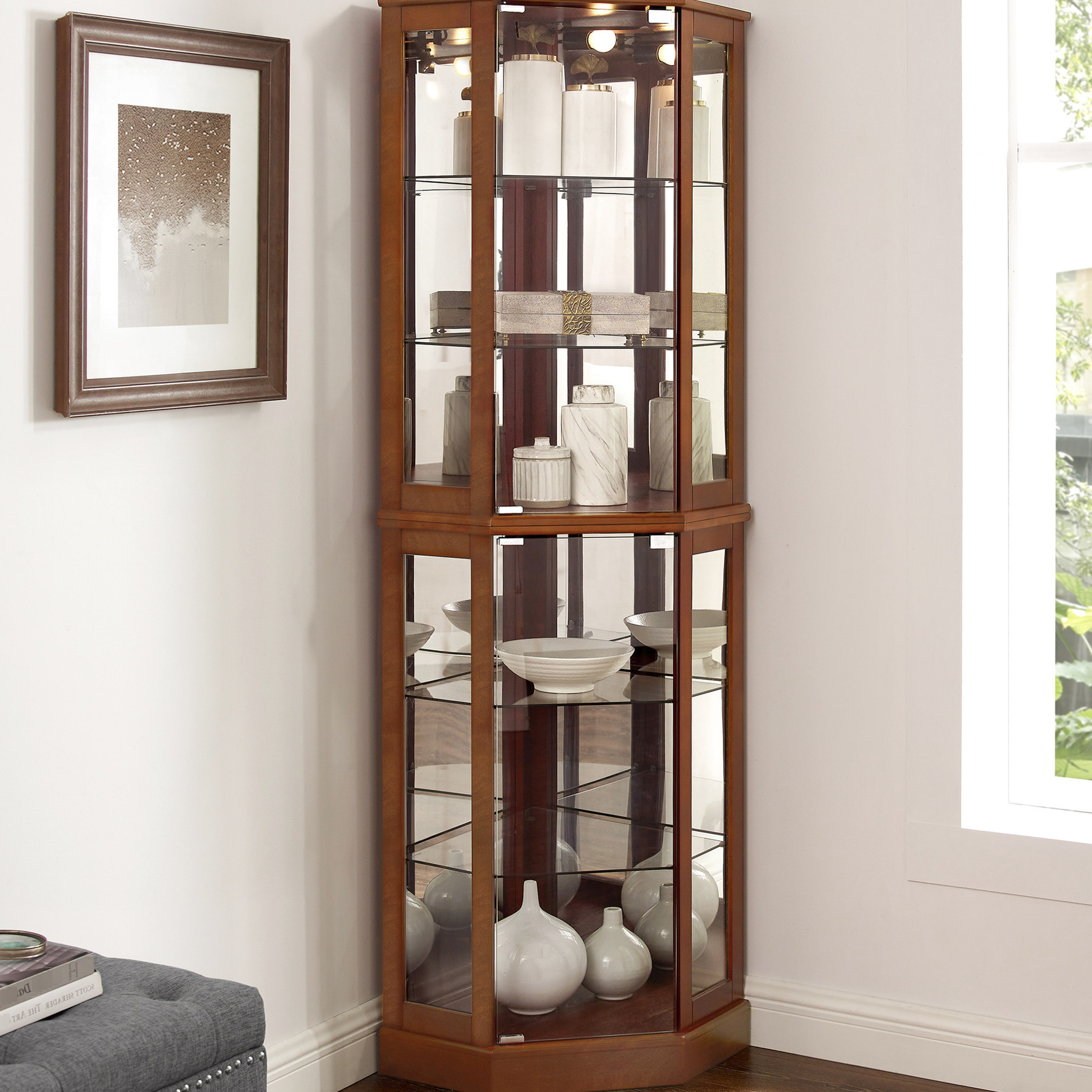 6 Shelf Walnut Corner Curio Cabinet with Lights, Mirrors and Adjustable ...