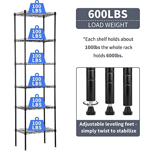 6-Shelf Wire Shelving Unit Adjustable Metal Shelving 600Lb Capacity ...