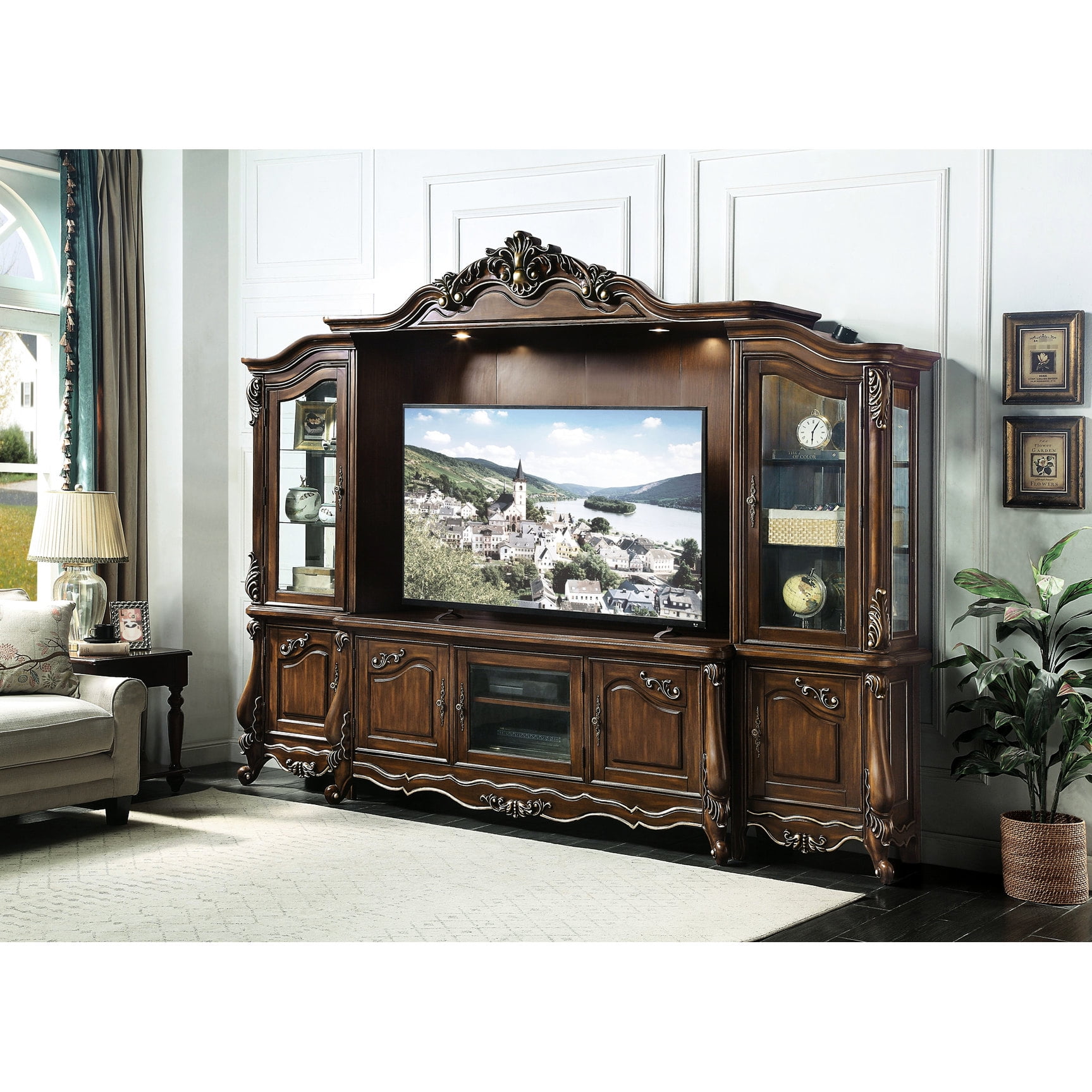 6 Shelves, 100lbs Limit - Oak Finish TV Entertainment Center - Walmart.com