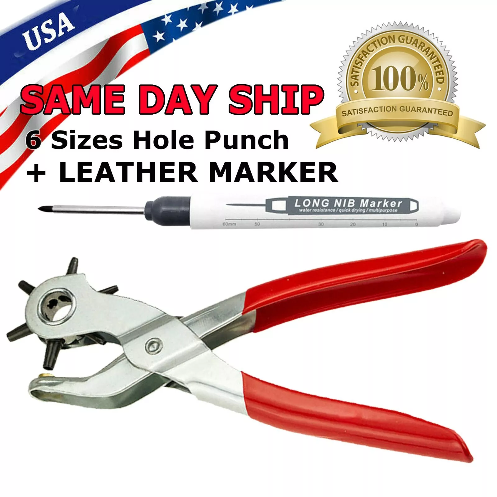 6 Sizes Heavy Duty Leather Hole Punch Belt Revolving PliersTool with ...