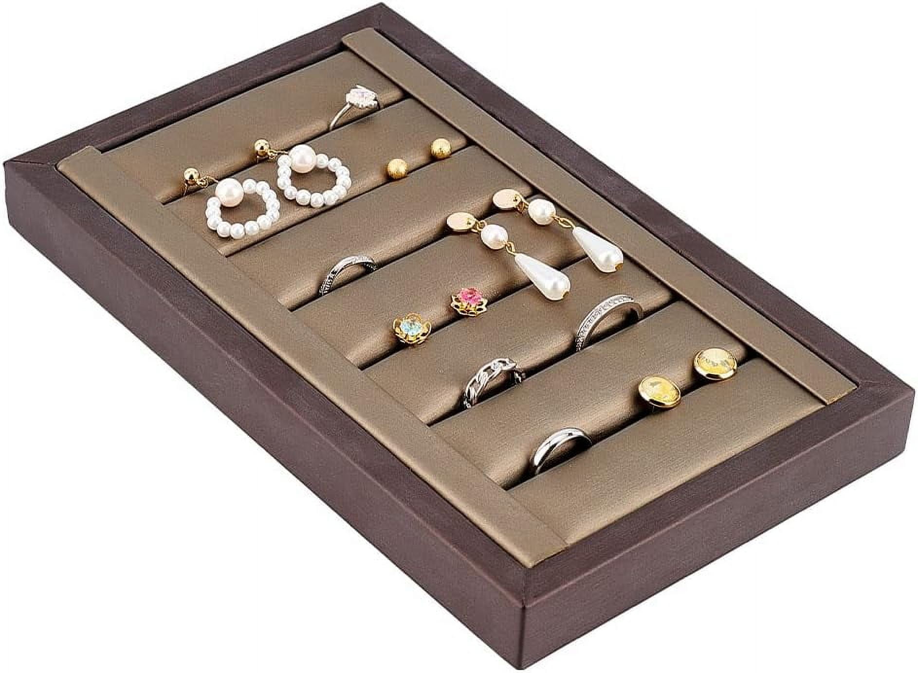 6-Slot Ring Display Tray Coconut Brown PU Leather Covered Wood Ring ...