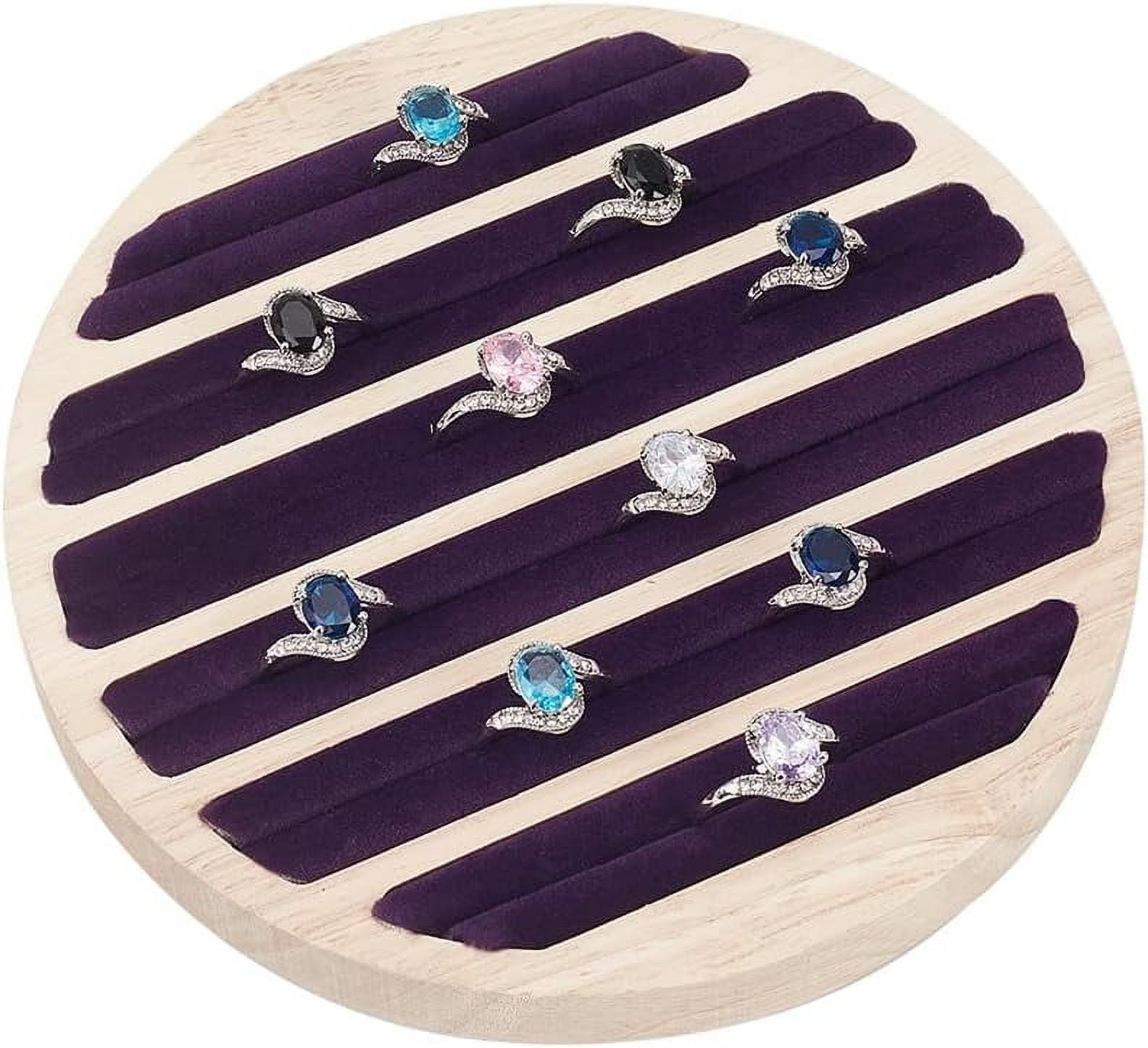 6-Slot Wood Round Ring Earrings Trays with Purple Velvet Flat Round ...