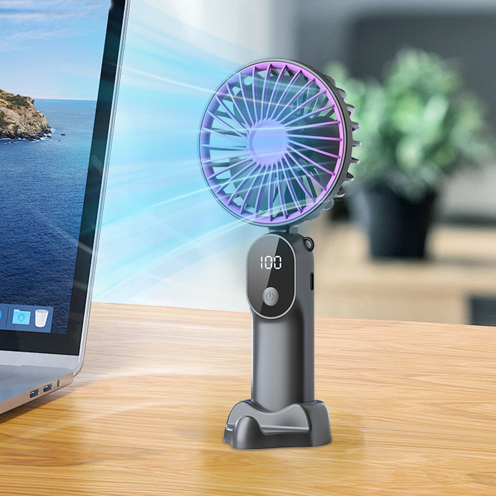 6 Speed USB Rechargeable Handheld Fan with LED Display, 1200mAh Battery ...