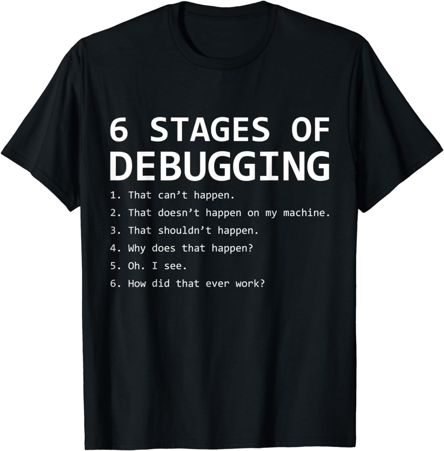 6 Stages Of Debugging Funny Debug Algorithm Programmer T-Shirt - Walmart.com