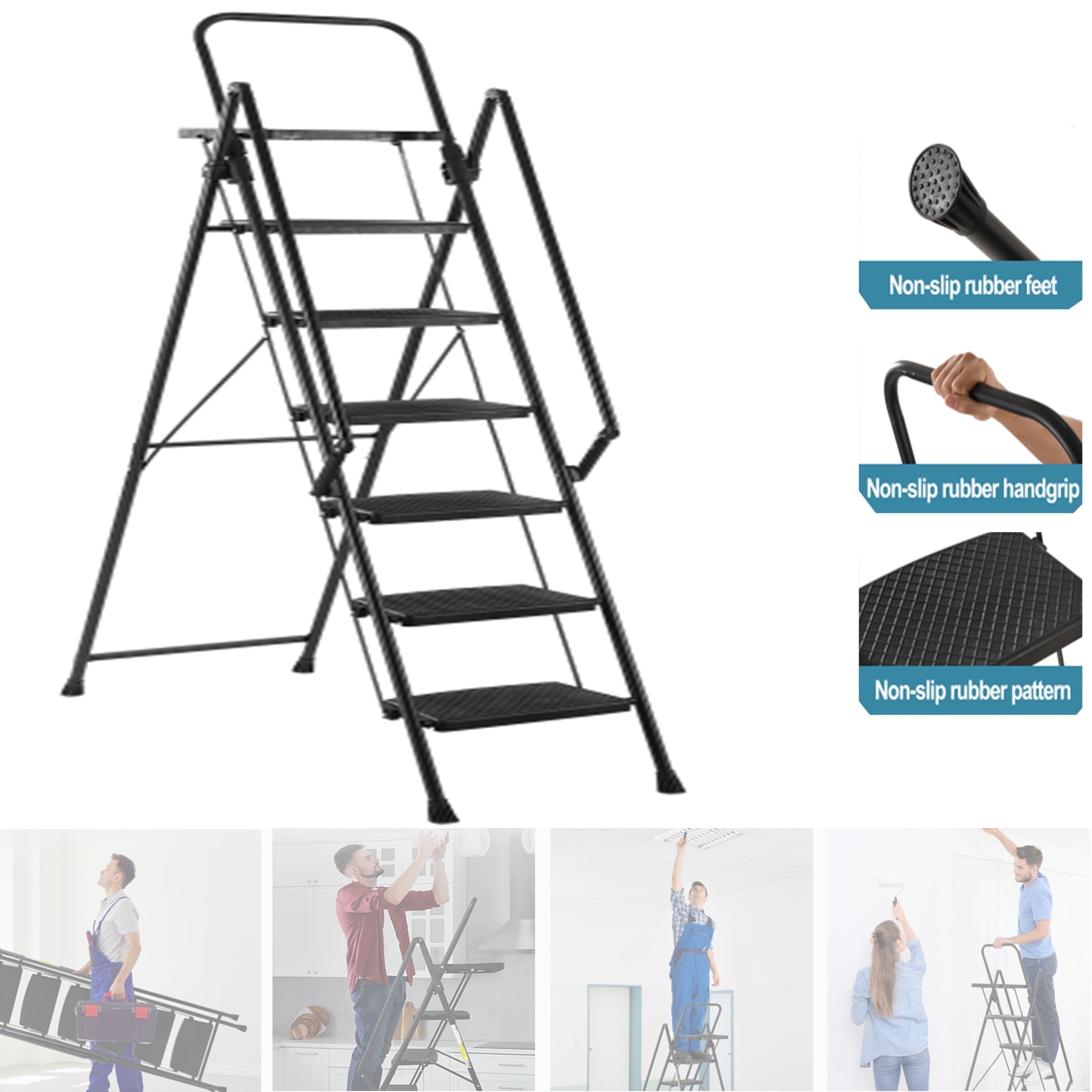 6 Step Ladder with Tool Platform, 600 lbs Folding Ladders with Handrail ...