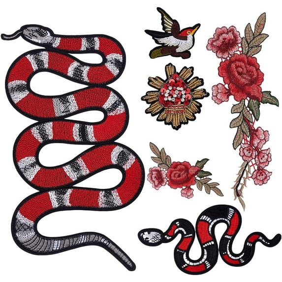 6 Styles 12Pcs Mixed Styles Embroidered Patches Rose Heart Snake Bird ...