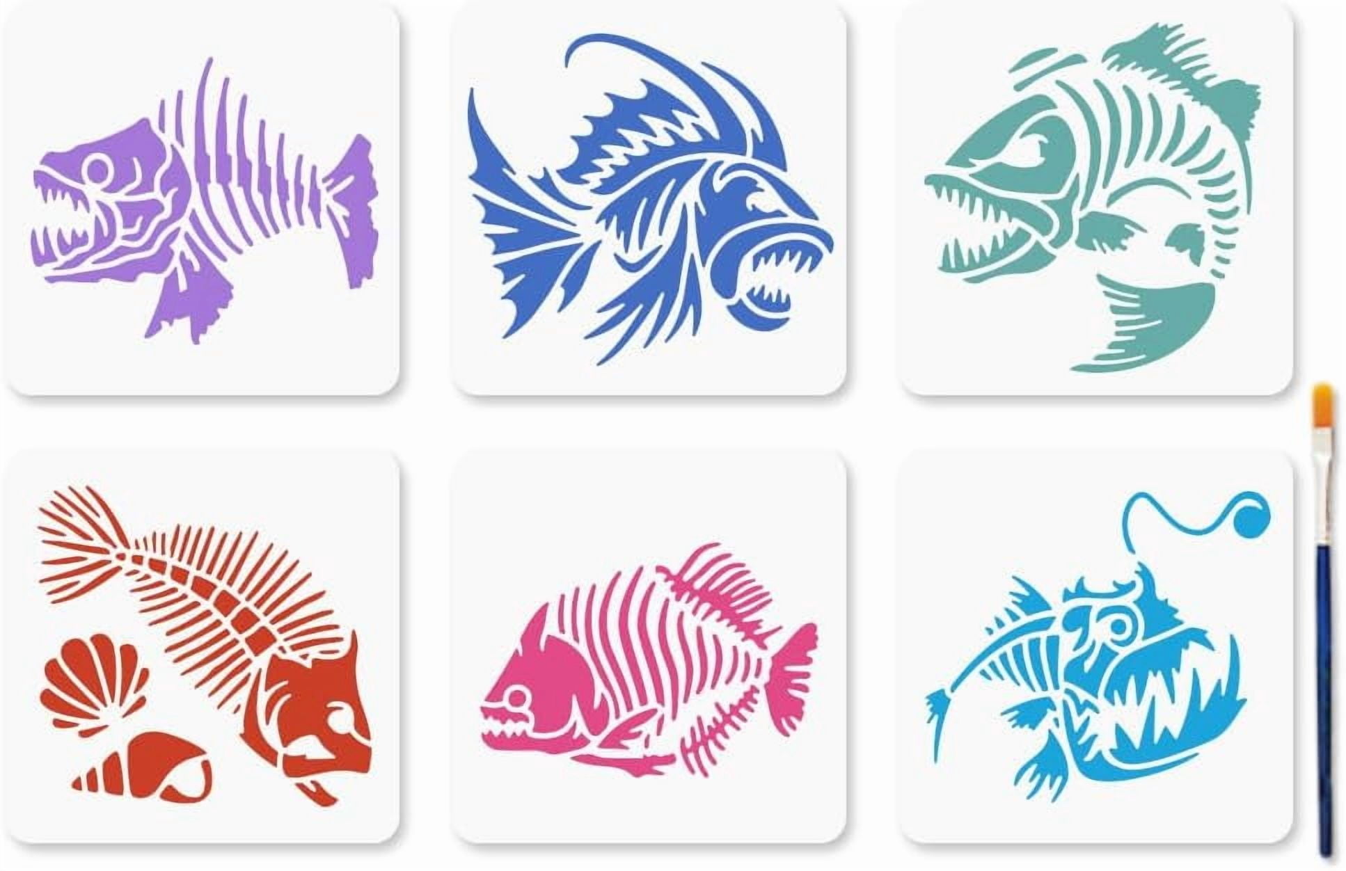 6 Styles Fish Fossils Stencils 5.9x5.9inch Reusable Fish Bones Stencil ...