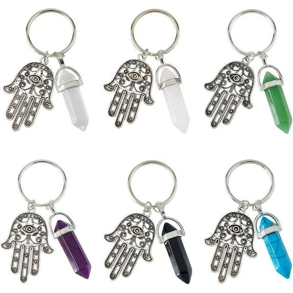 6 Styles Hand Keychain Alloy Hamsa Hand Keyring with Gemstone Charms ...