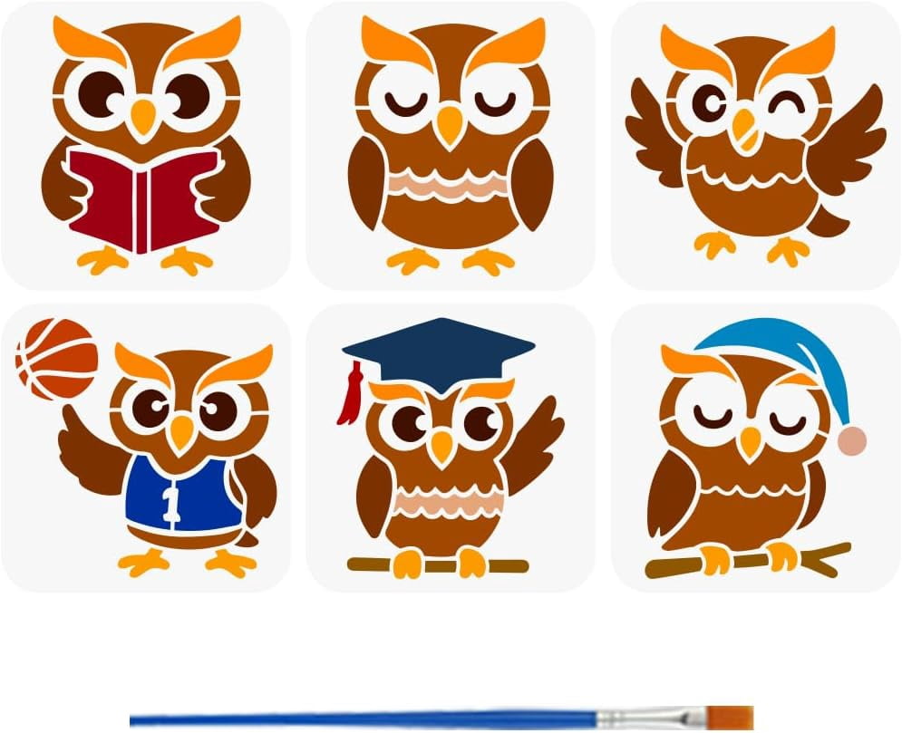 6 Styles Owl Pattern Stencils with a Brush 5.9x5.9Inch Cartoon Owl ...