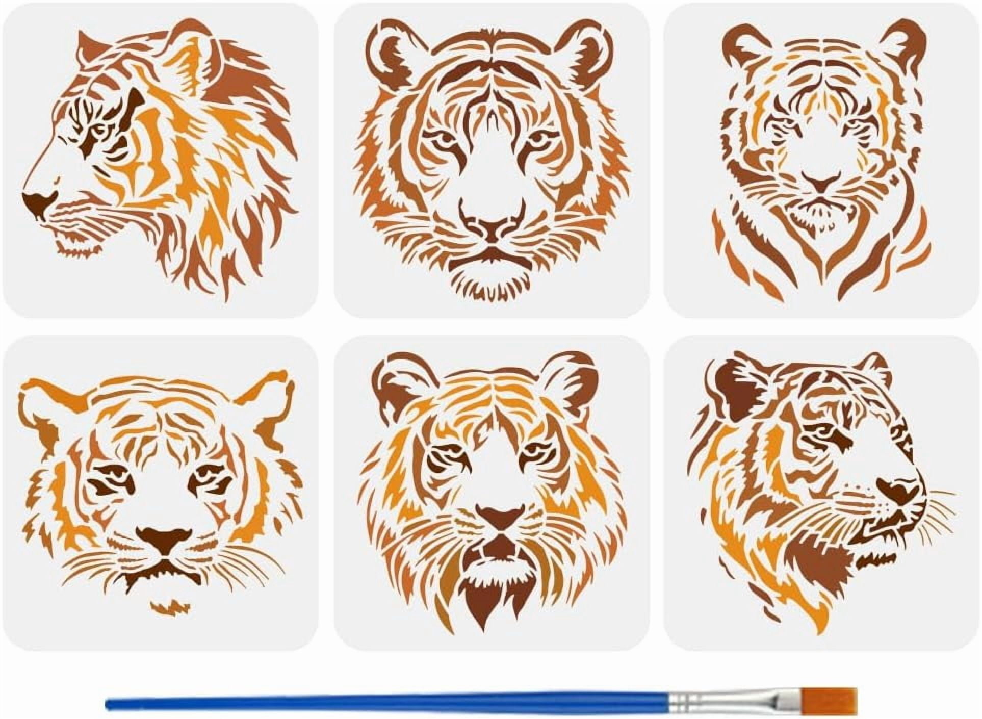 6 Styles Tiger Heads Pattern Stencils with a Brush 7.9x7.9Inch Front ...