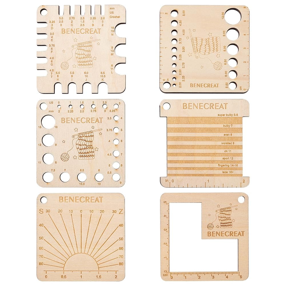 6 Styles Wood Knitting Gauge Rulers, Square Crochet Hook and Yarn Wrap ...