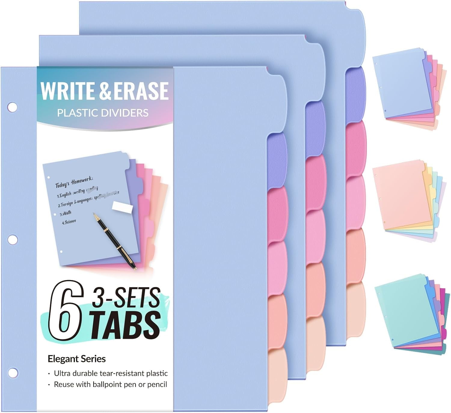 6-Tab 3 Ring Binder dividers with tabs, Durable Plastic Write & Erase ...