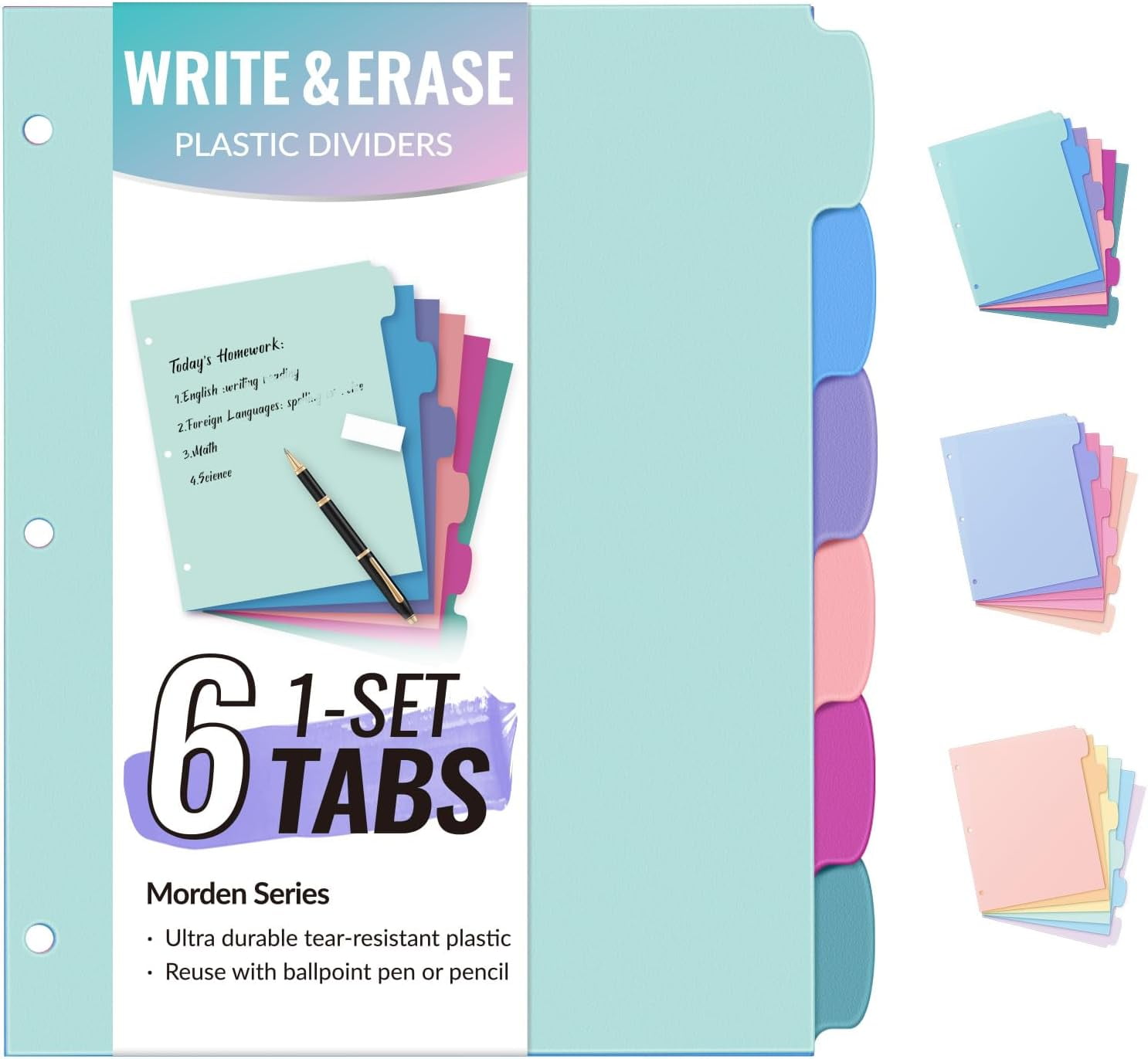 6-Tab 3 Ring Binder dividers with tabs, Durable Plastic Write & Erase ...
