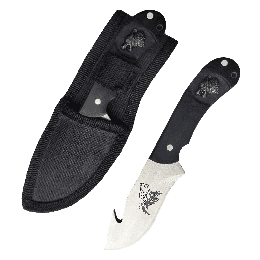 6"" Black Color Wolf Pattern Handle Gut Hook Blade Hunting Knife With ...