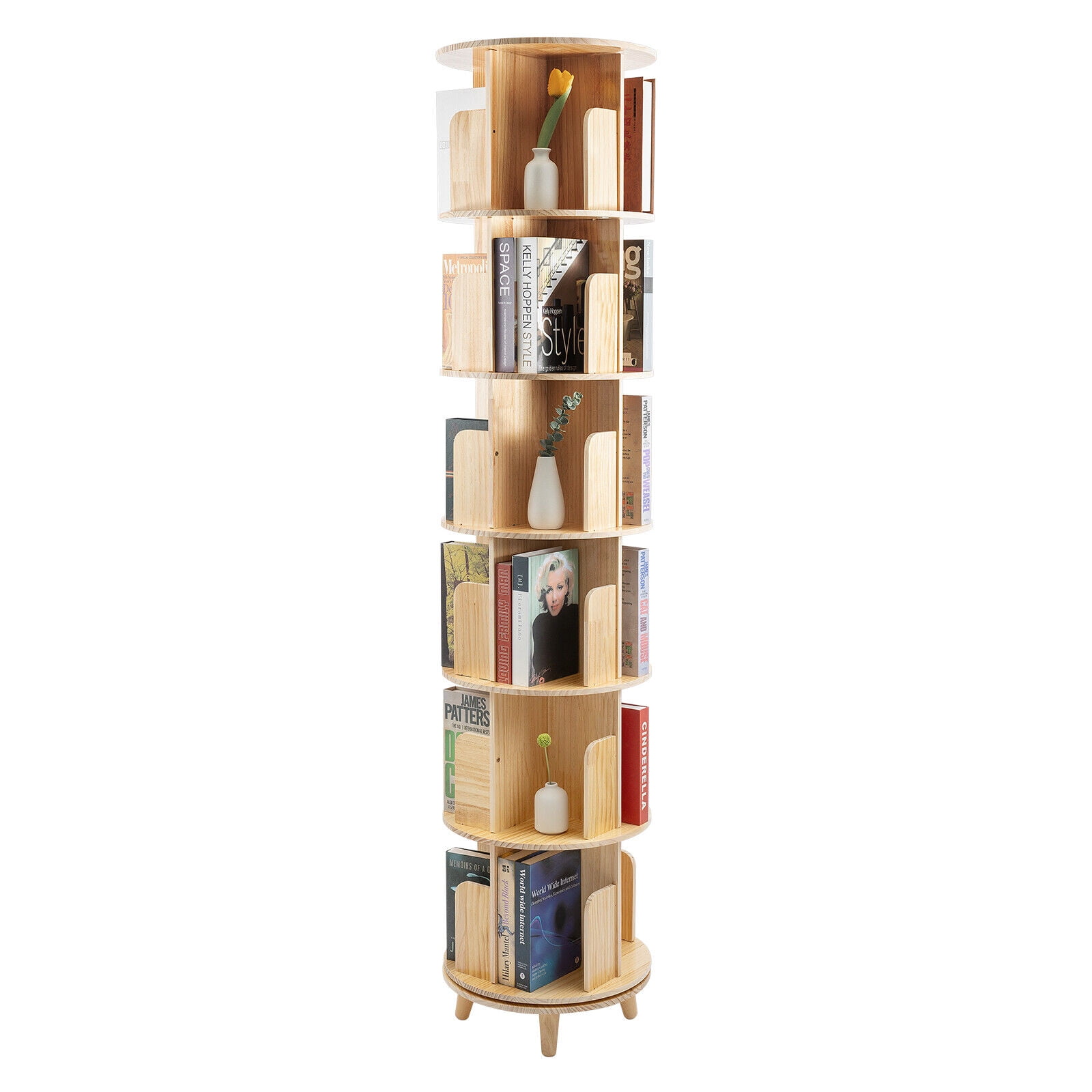 6-Tier 360°Rotating Bookshelf Display, Floor Standing Tall Bookcase ...