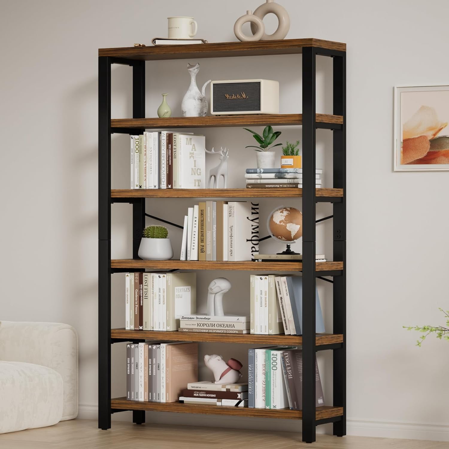 6-Tier 39.37" Wide Heavy Duty Bookshelf, Industrial Wood and Metal ...