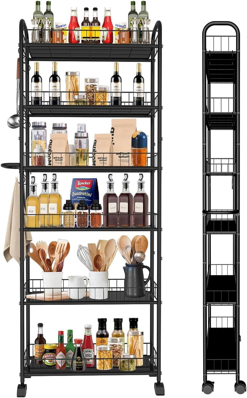 6 Tier 6in Slim Rolling Storage Cart with Handle, Mobile Shelving Unit ...