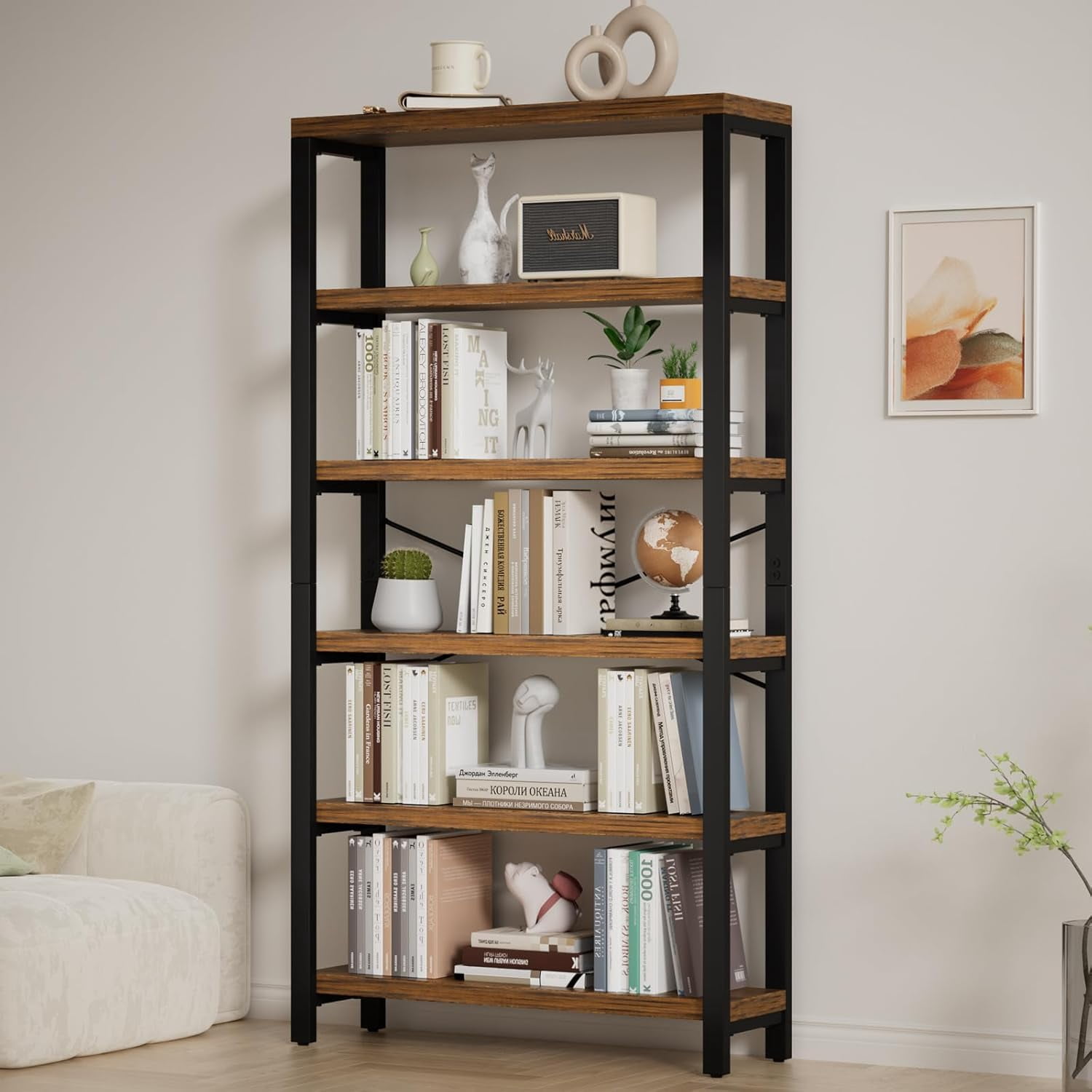 6-Tier Adjustable Heavy Duty Bookshelf, Industrial Wood and Metal ...