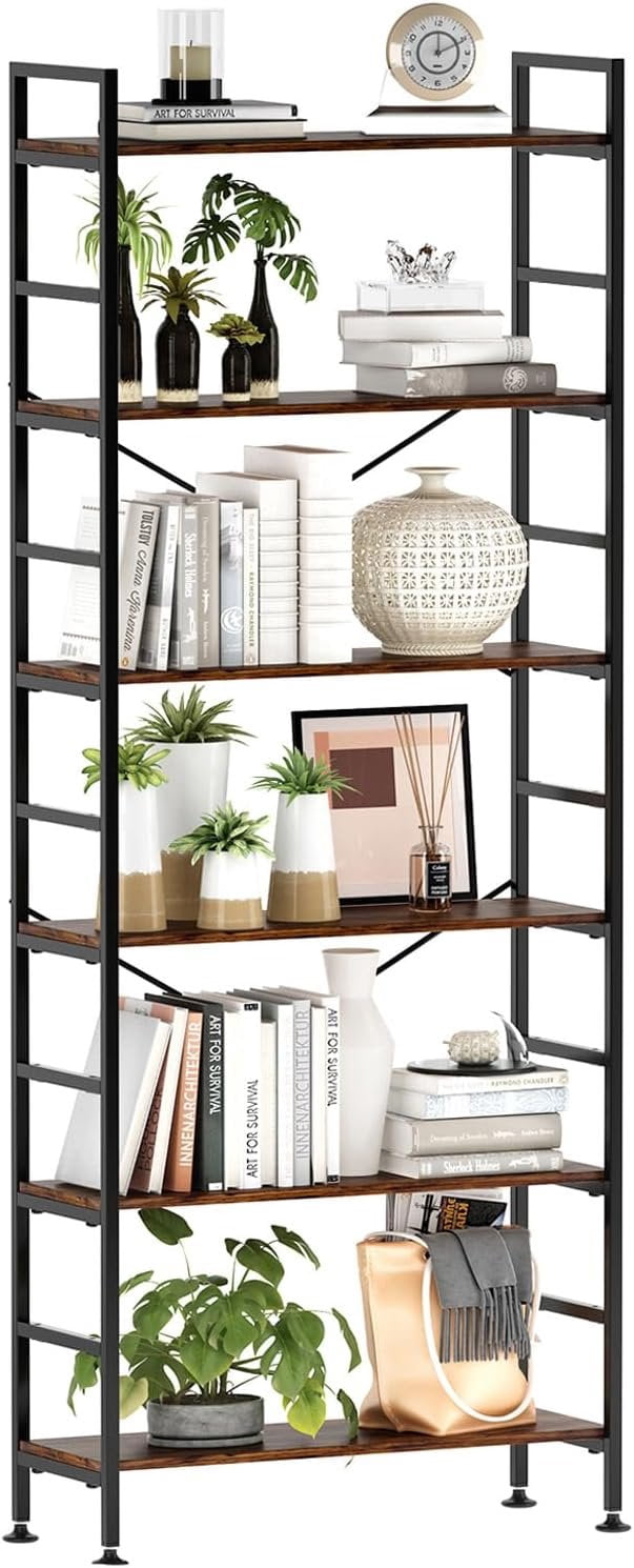 6-Tier Adjustable Tall Bookcase, Rustic and Metal Standing Bookshelf ...