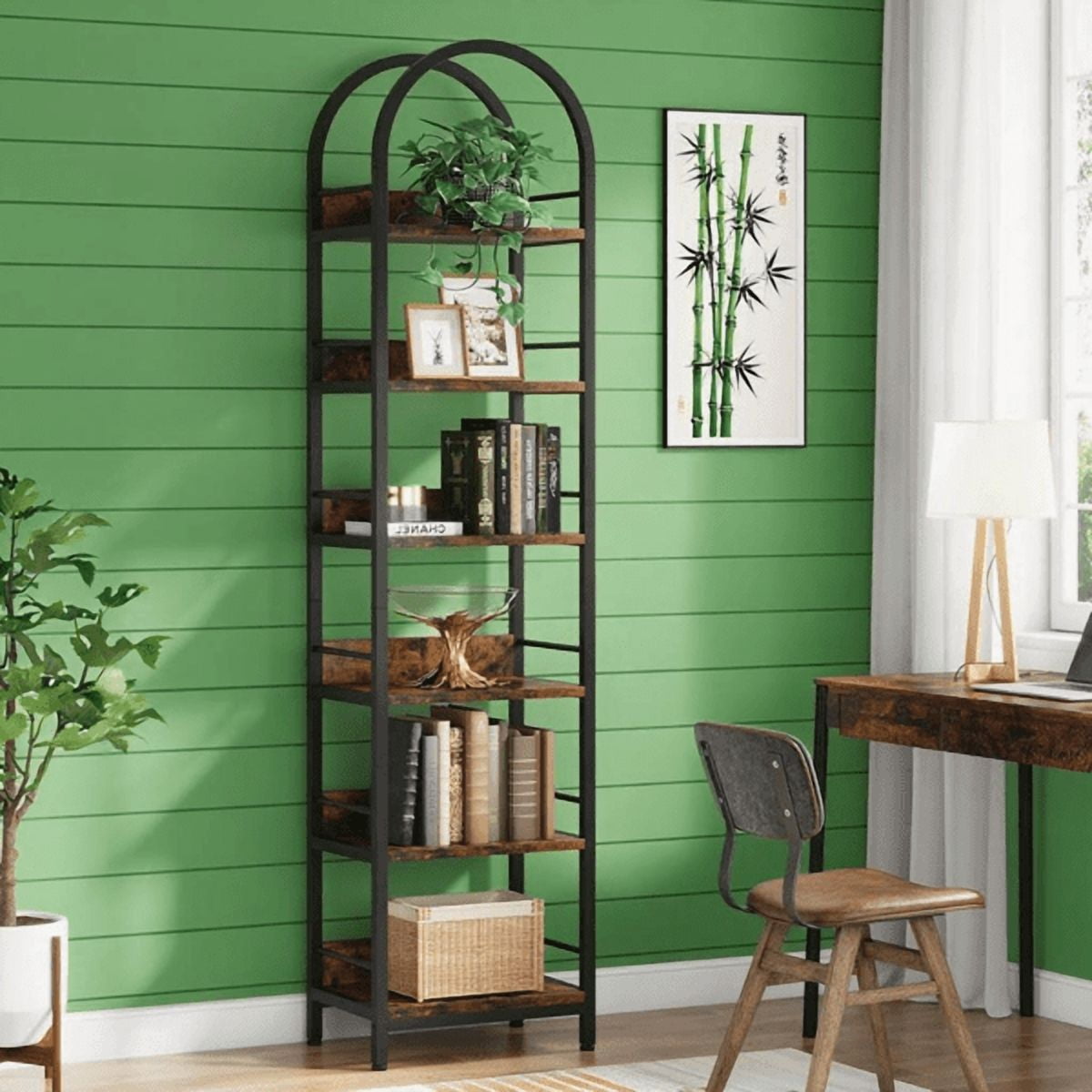 6-Tier Arched Corner Bookshelf, Solid E1 Particleboard & Metal Frame ...