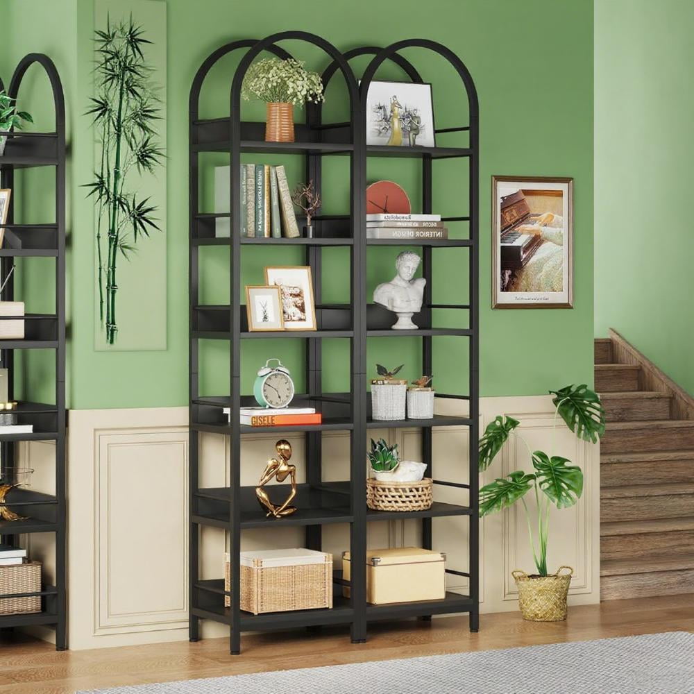 6-Tier Arched Top Bookshelf - 78.7"H, Narrow Design, Black Wooden Body ...