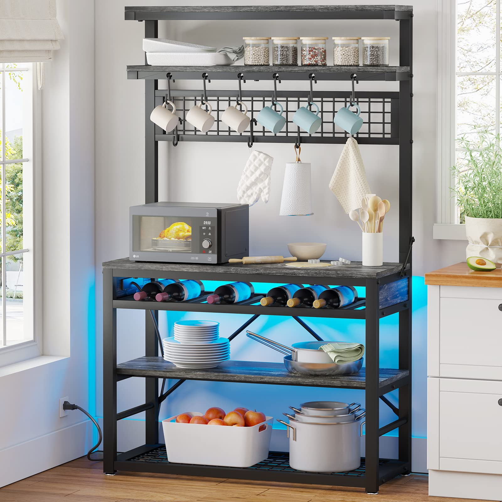 6-Tier Bakers Rack with Power Outlet, LED Microwave Stand with Wine ...