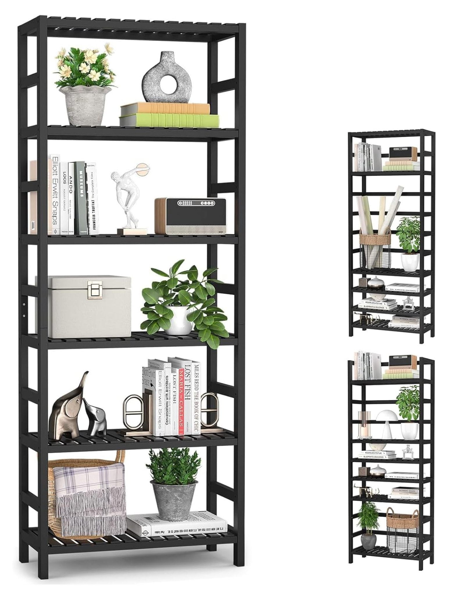 6-Tier Bamboo Bookshelves and Bookcases, Adjustable 63.4”Tall Shallow ...